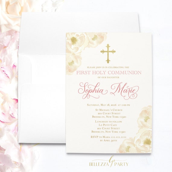 Ivory & Gold First Holy Communion Invitations | Pink Communion ...