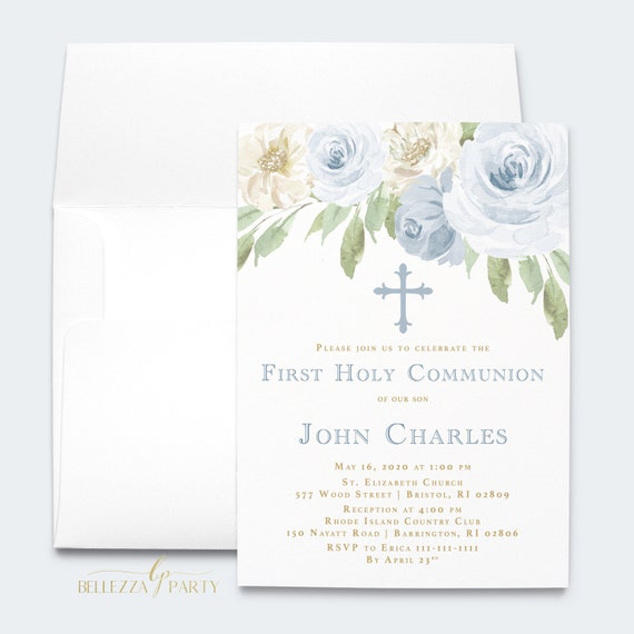 Blue Floral Communion Invitation Boy | Elegant Boy Communion Invites ...
