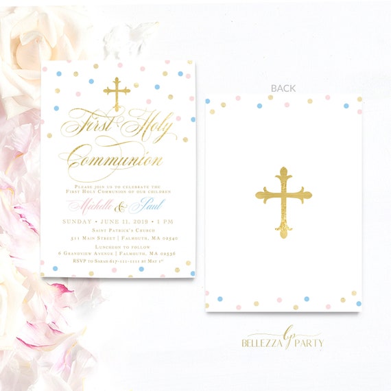Twins First Holy Communion Invitation with pink blue and gold confetti ...