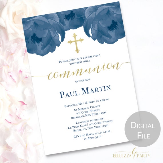 Navy Blue Communion Invitation Digital File | Boy Digital First Holy ...