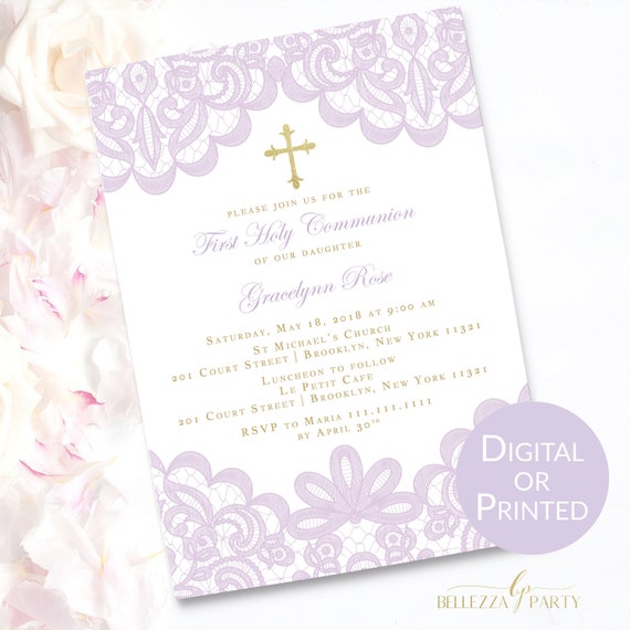 Lavender Lace First Holy Communion Invitations | Purple Communion ...