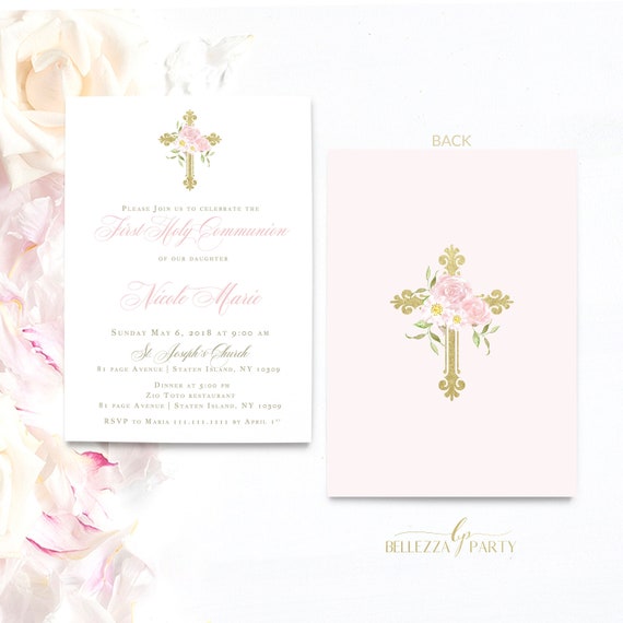 Formal First Holy Communion Invitations | Pink Gold Communion ...