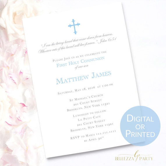 Blue First Holy Communion Invitations for Boys | Simple First Holy ...