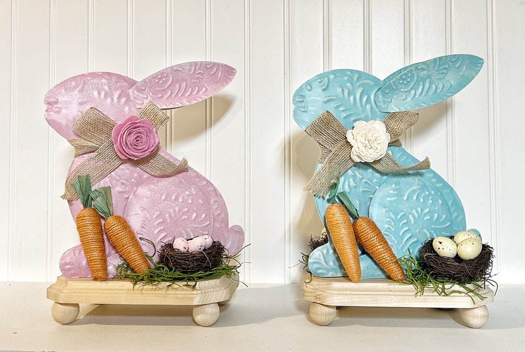 Easter Bunny Table Top Decor - Spring Centerpiece - Metal Bunny on Wood ...