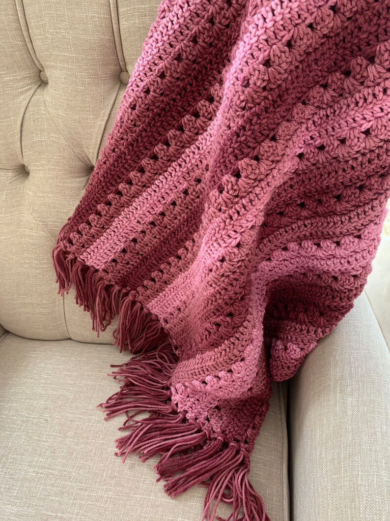 Dusty Pink Ombre Crochet Throw Blanket With Fringes Handmade - Etsy