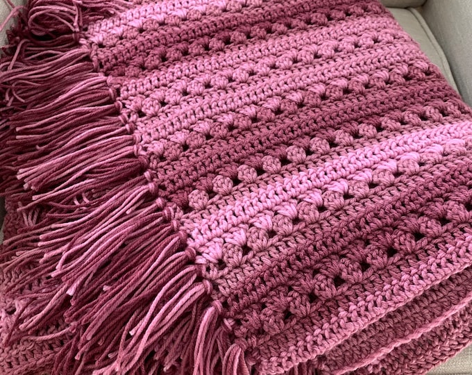 Dusty Pink Ombre Crochet Throw Blanket With Fringes Handmade - Etsy
