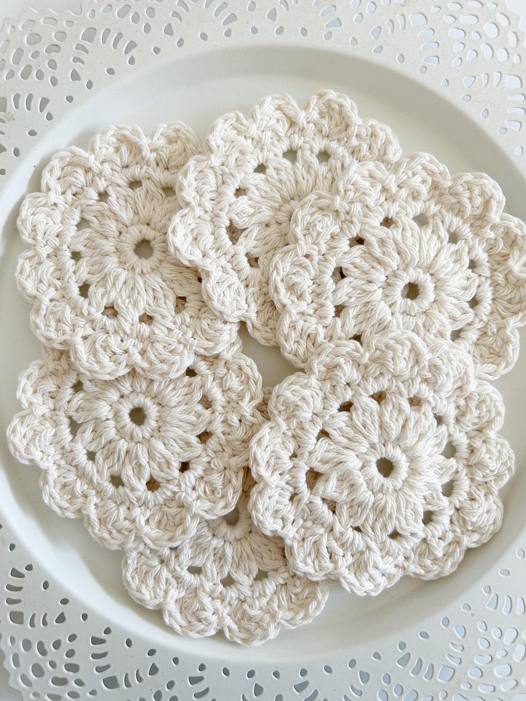 Set of 6 Beige Cotton Crochet Drink Coasters - Coffee Bar Decor ...
