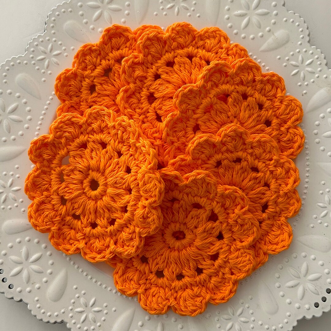 Set of 6 Orange Crochet Coasters - Handmade Halloween Coffee Bar Decor ...
