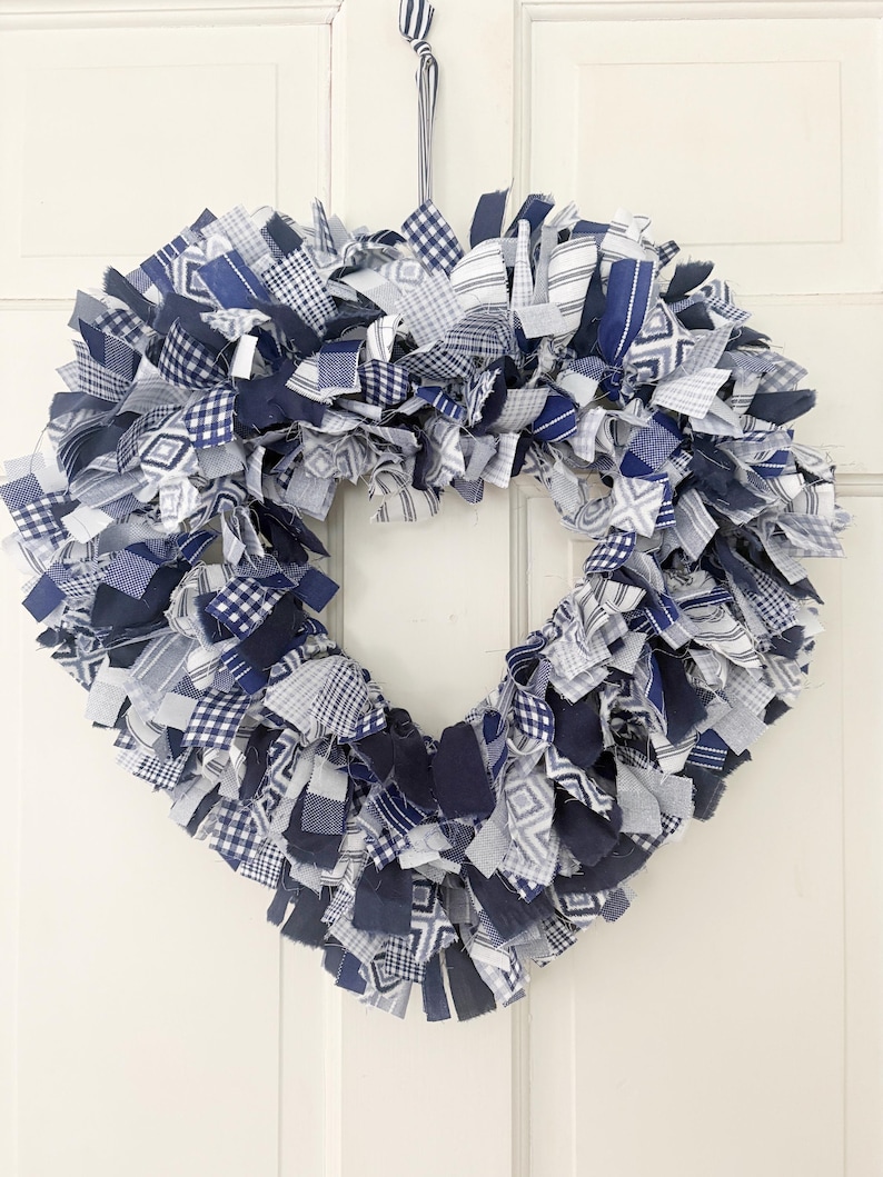 Navy Blue Rag Heart Wreath Farmhouse Wall Decor - Valentine's Day ...