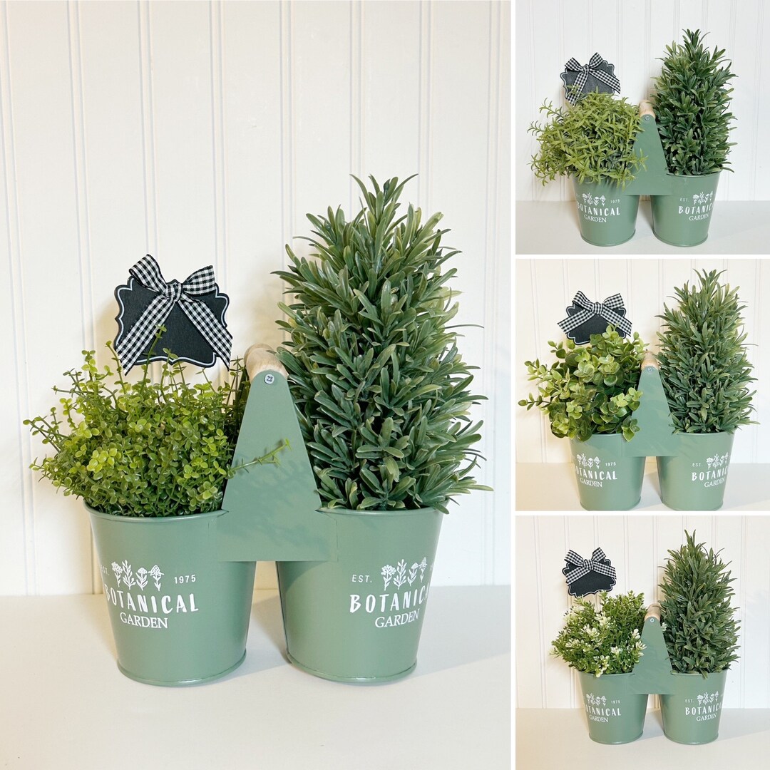 Artificial Herbs in Rustic Metal Caddy Farmhouse Kitchen Decor Faux ...