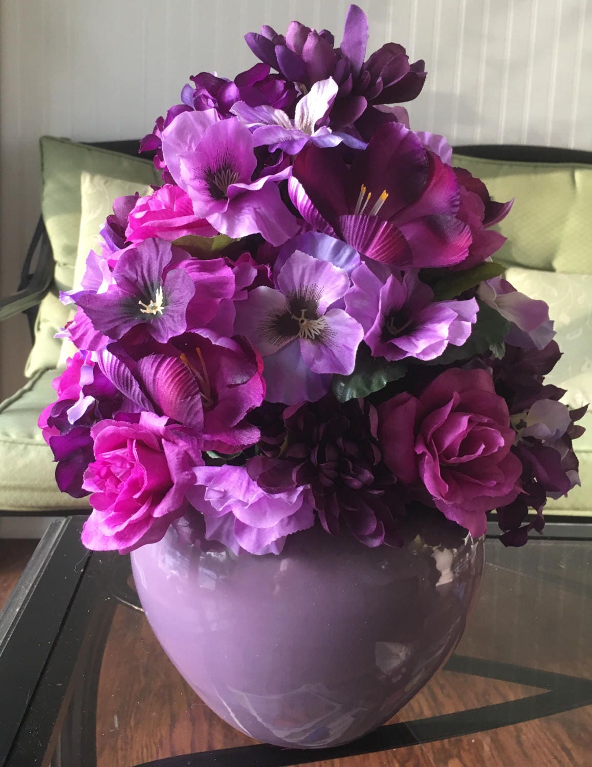 Purple Flower Arrangement Flower Centerpiece In Ceramic Pot Etsy