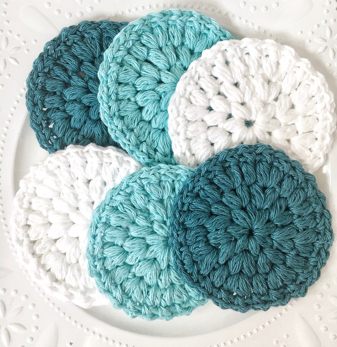 6 Crochet Drink Coasters - Coffee Bar Coasters - Teal, Aqua and White ...