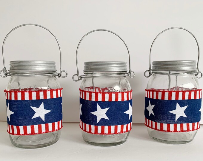 Patriotic Mason Jar Candle Holder - Independence Day Decor - Red White ...