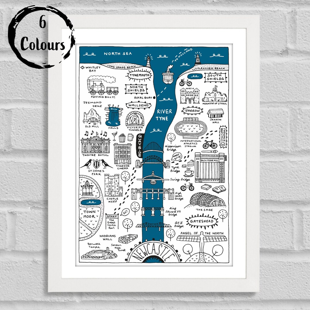 Newcastle City Map Hand Drawn Newcastle Map Newcastle Print Gateshead ...