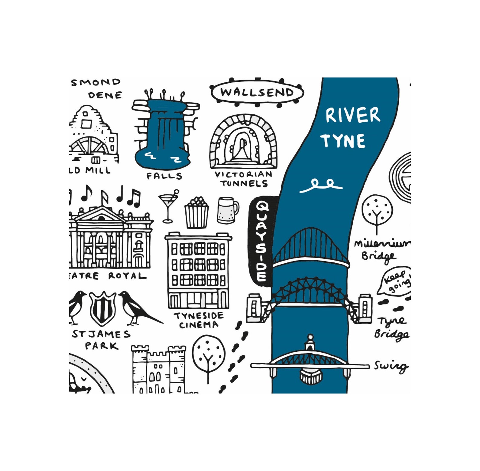 Newcastle City Map Hand Drawn Newcastle Map Newcastle - Etsy UK