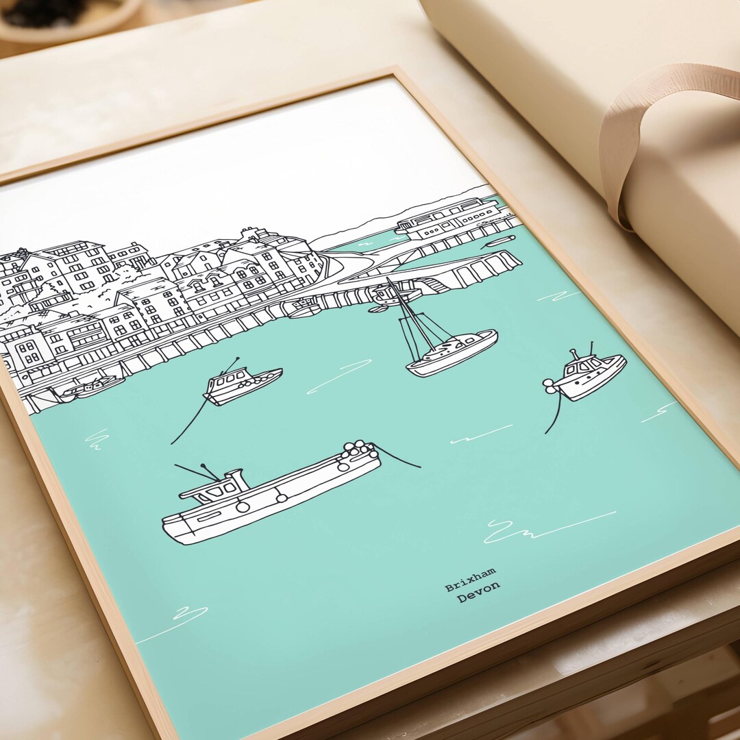 Brixham Harbour Print | Brixham Harbour Illustration | Devon Print ...