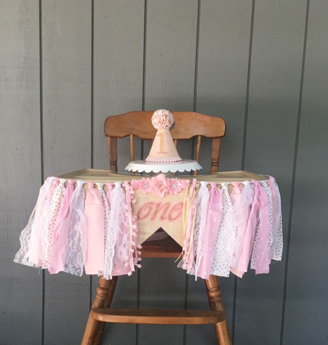 Girls High Chair Banner 1st Birthday Party Hat Pink and - Etsy
