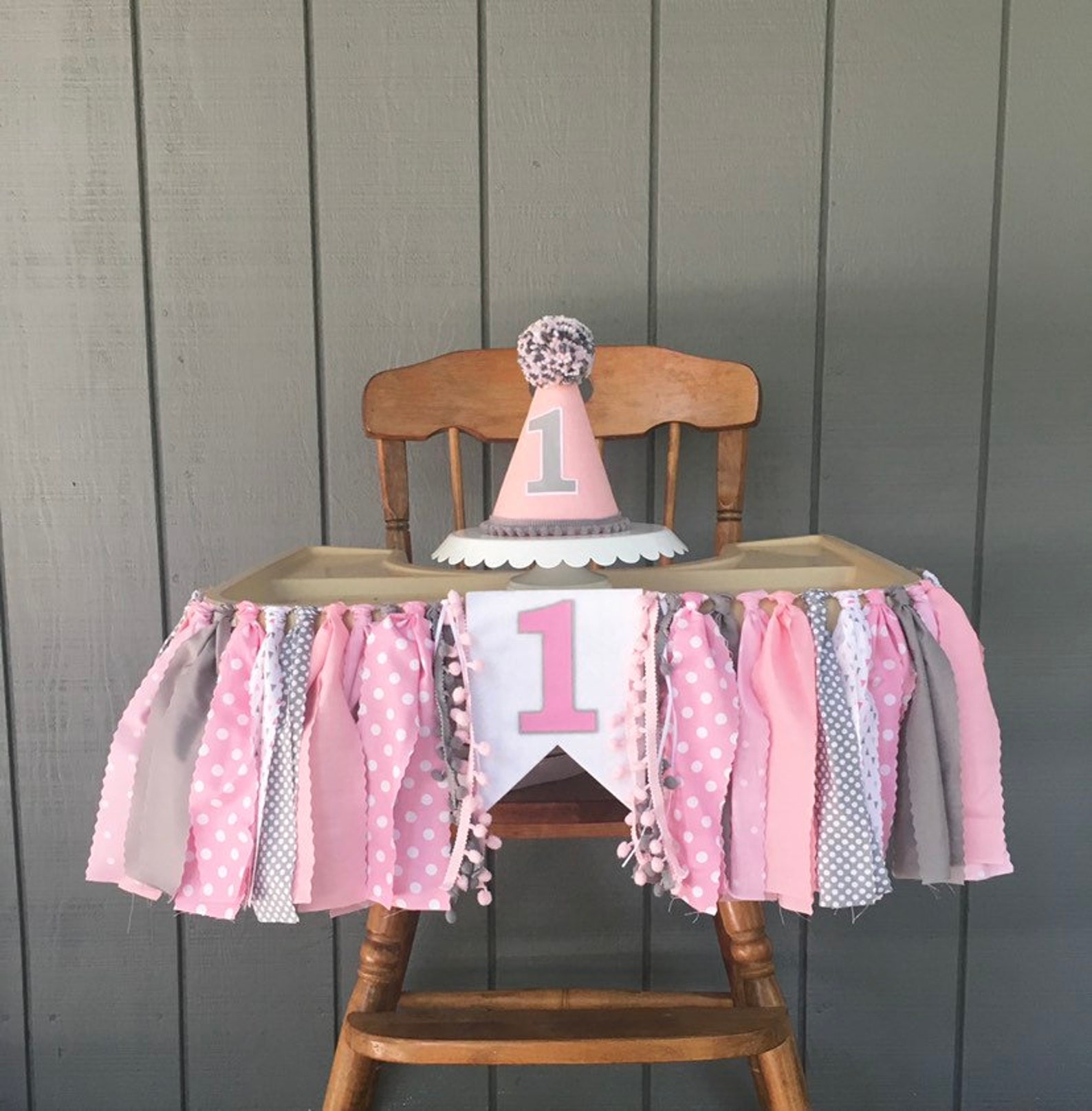 Girls high chair banner 1st birthday party hat pink white | Etsy