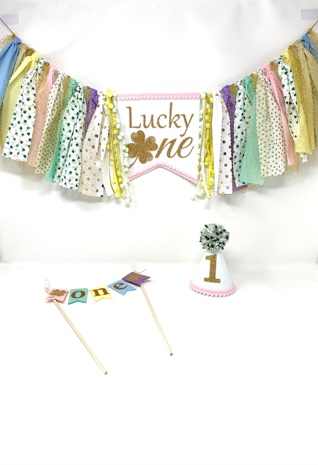 Lucky One Birthday Banner- Cake Topper - Girls 1st Birthday Party Hat ...