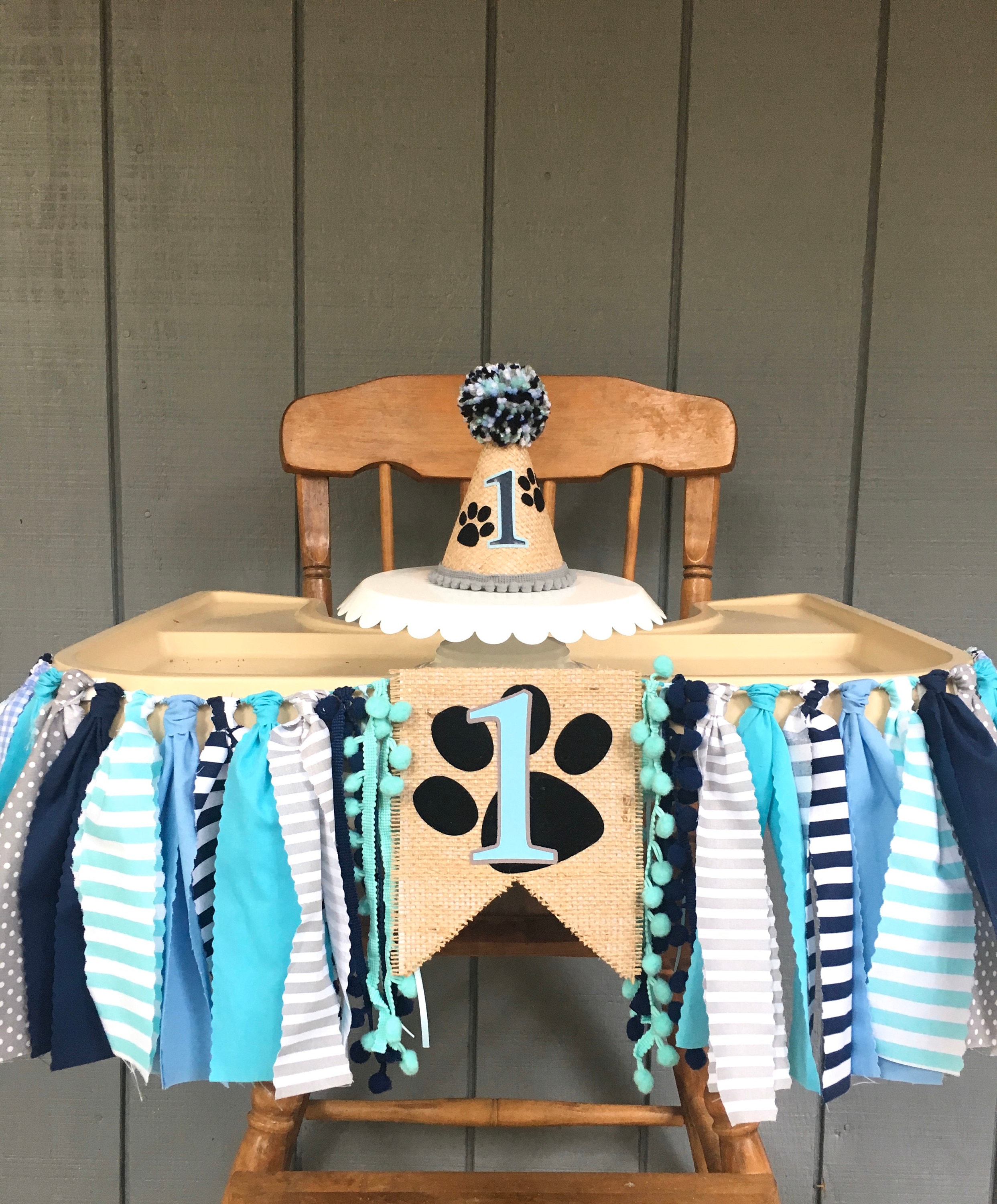 Puppy Birthday Banner - Paw Print High Chair Banner - Boys 1st Birthday ...