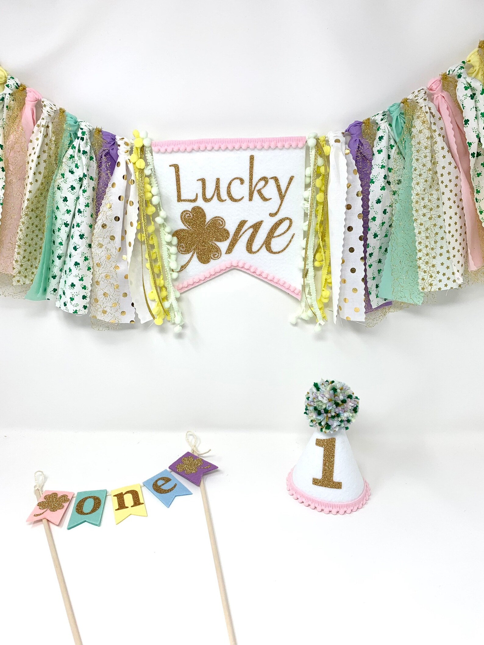 Lucky One Birthday Banner Cake Topper Girls 1st Birthday - Etsy