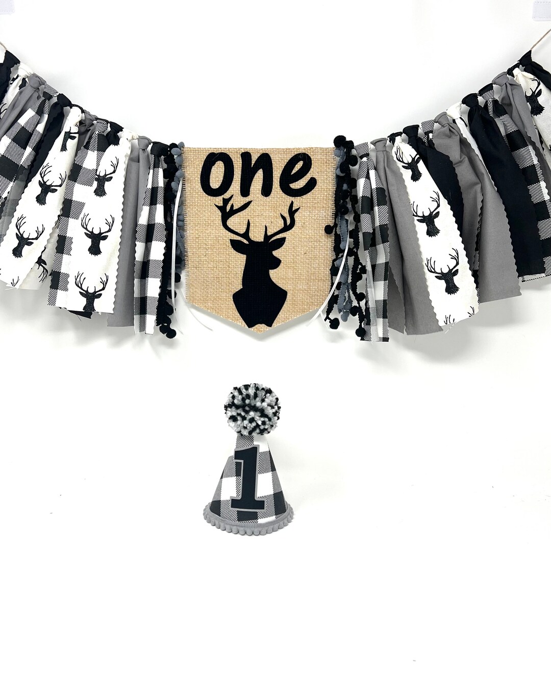 Black White and Gray Buffalo Check High Chair Banner - Checkered Deer ...