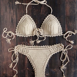 Crochet Bikini Cheeky Brazilian Bikini Set With Tassels and Beads ...