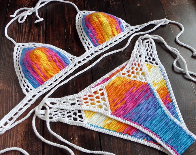 Rainbow Crochet Bikini, Multicolor Crochet Swimsuit, Rainbow Bathing ...