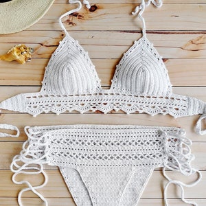 Lace up Swimsuit Crochet, Bohemian White Crochet Lace High Rise Bikini ...