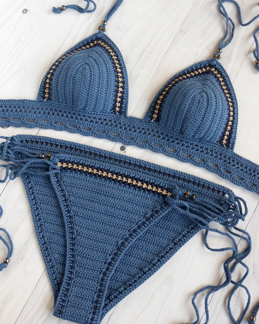 Beaded Bohemian Crochet Swimsuit, Full Coverage Crochet Bikini Set ...