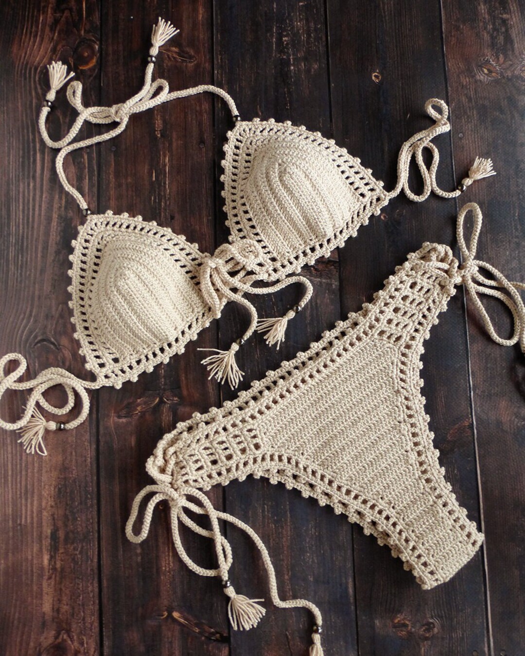 Crochet Bikini Cheeky Brazilian Bikini Set With Tassels and Beads ...