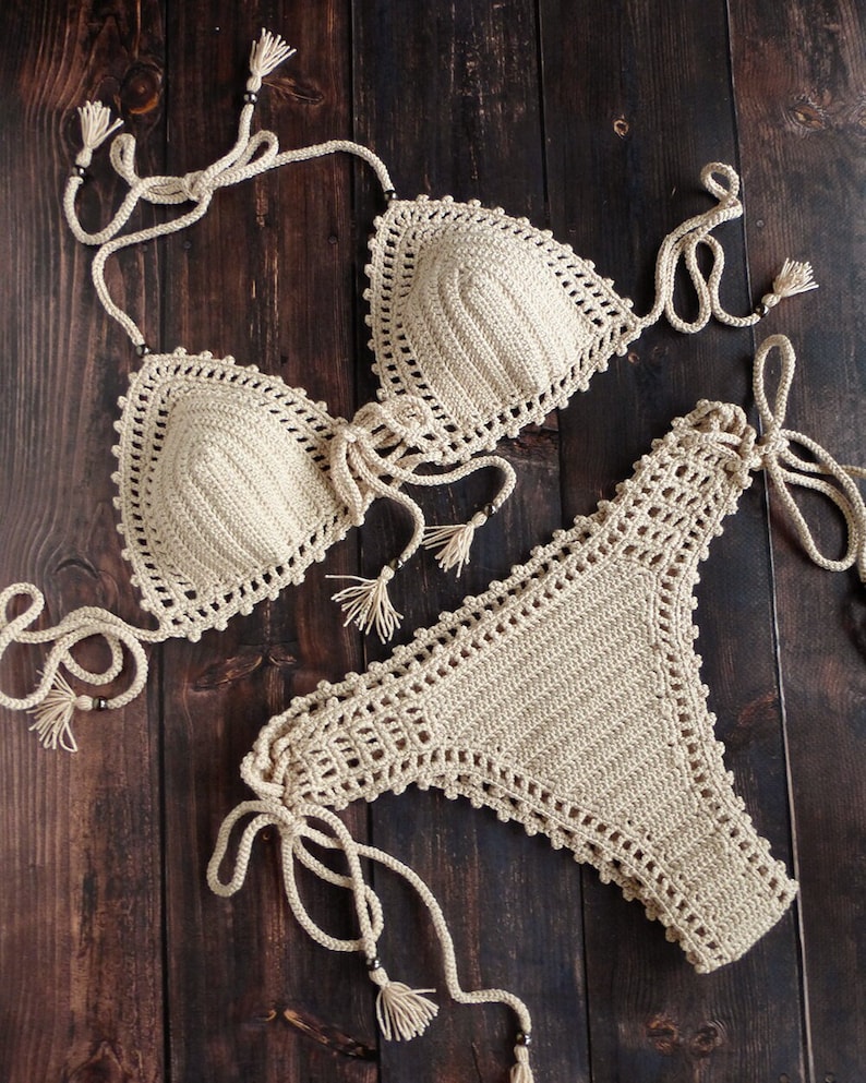 Crochet Bikini Cheeky Brazilian Bikini Set With Tassels and Beads ...