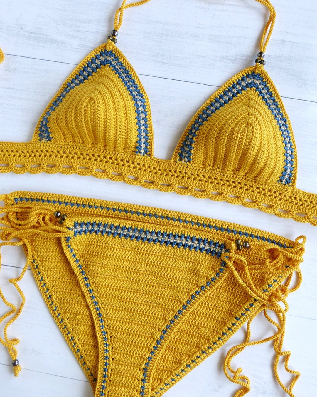 Crochet Swimsuit Full Coverage Crochet Bikini Set in Yellow, Handmade ...