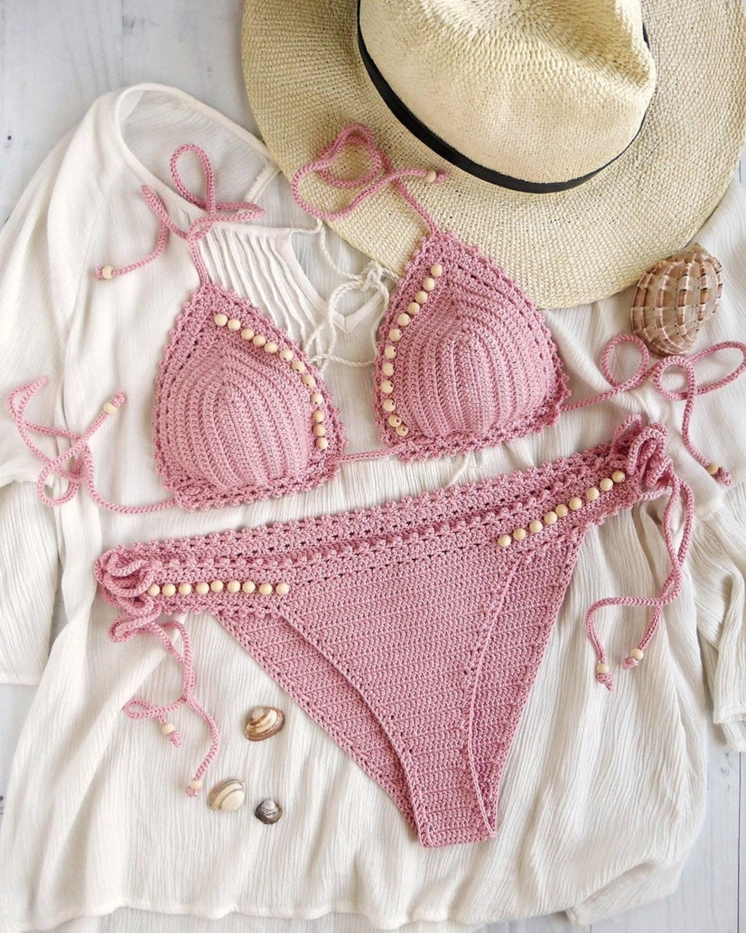 Triangle Crocheted Bikini Set With Beads, Beaded Crochet Swimsuits ...