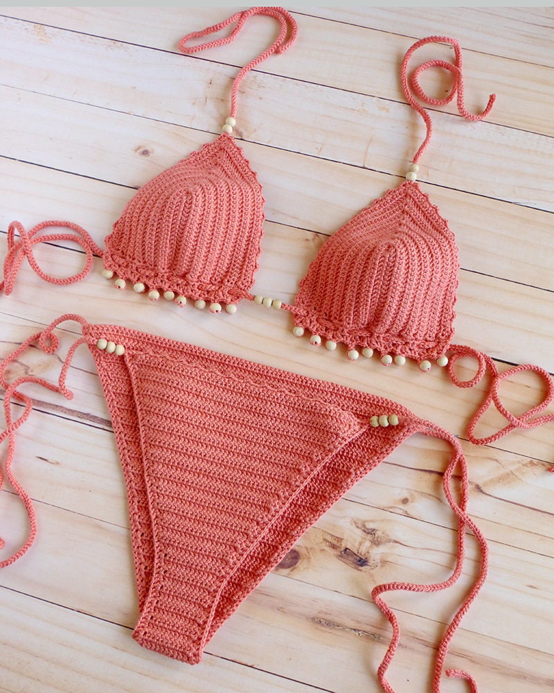 Crochet Swimsuit Brazilian Crochet Bikini Set With Wooden Beads - Etsy