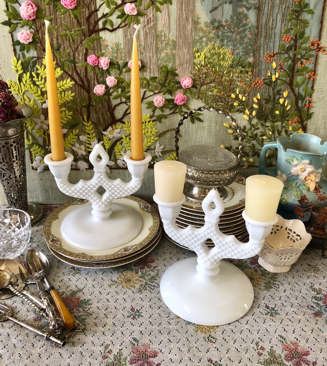 Milk Glass Candle Holder Milk Glass Candlesticks Candelabra Centerpiece ...