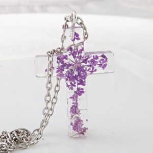 Pressed Flower Cross Necklace: Resin Religious Jewelry, Sterling Silver ...