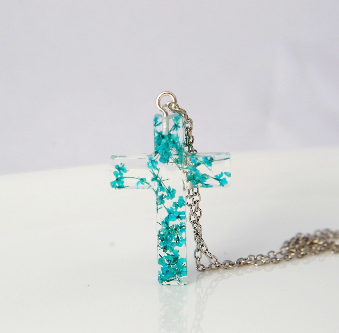 Pressed Flower Cross Necklace: Resin Religious Jewelry, Sterling Silver ...