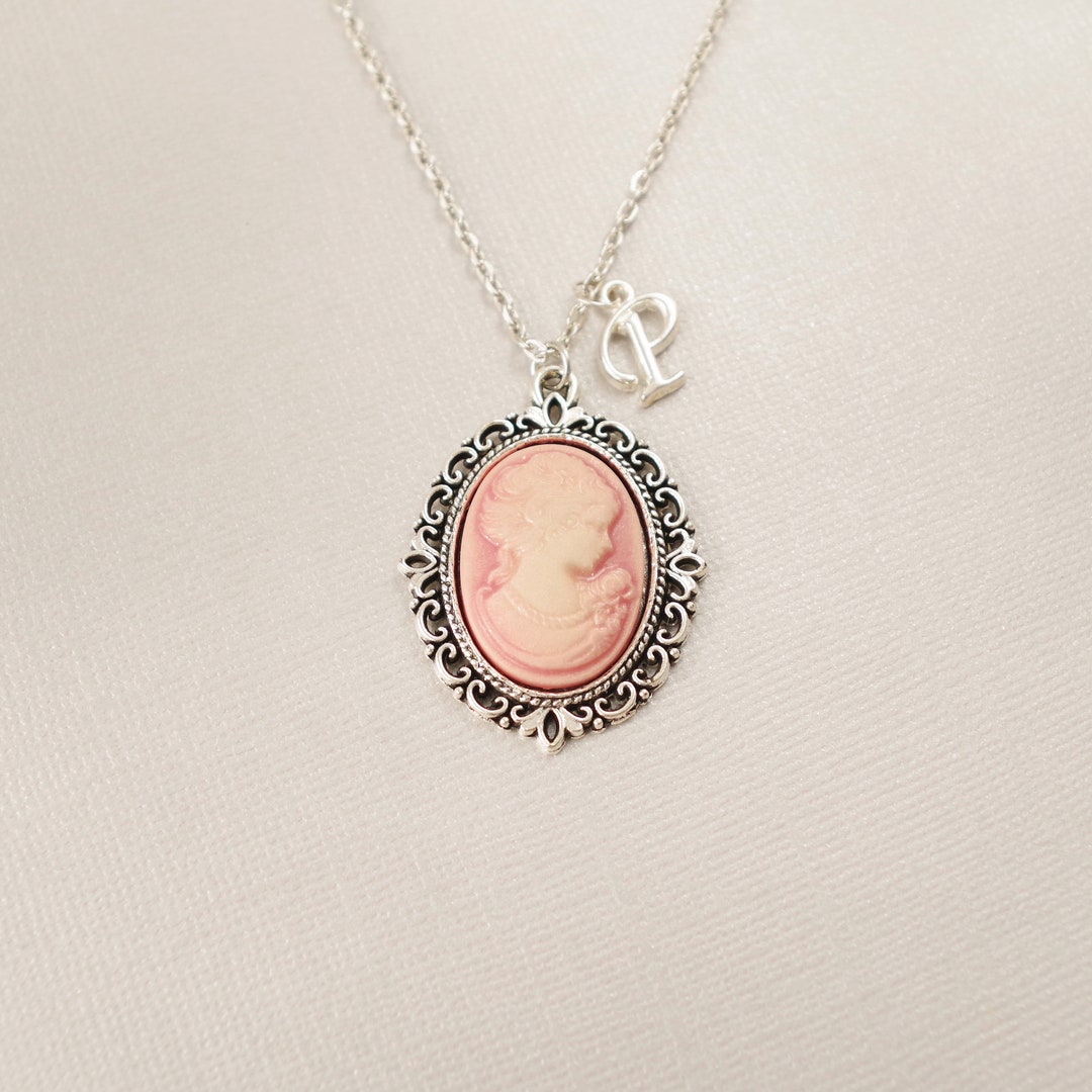 Pink Cameo Necklace: Silver Initial Pendant, Vintage Style - Etsy