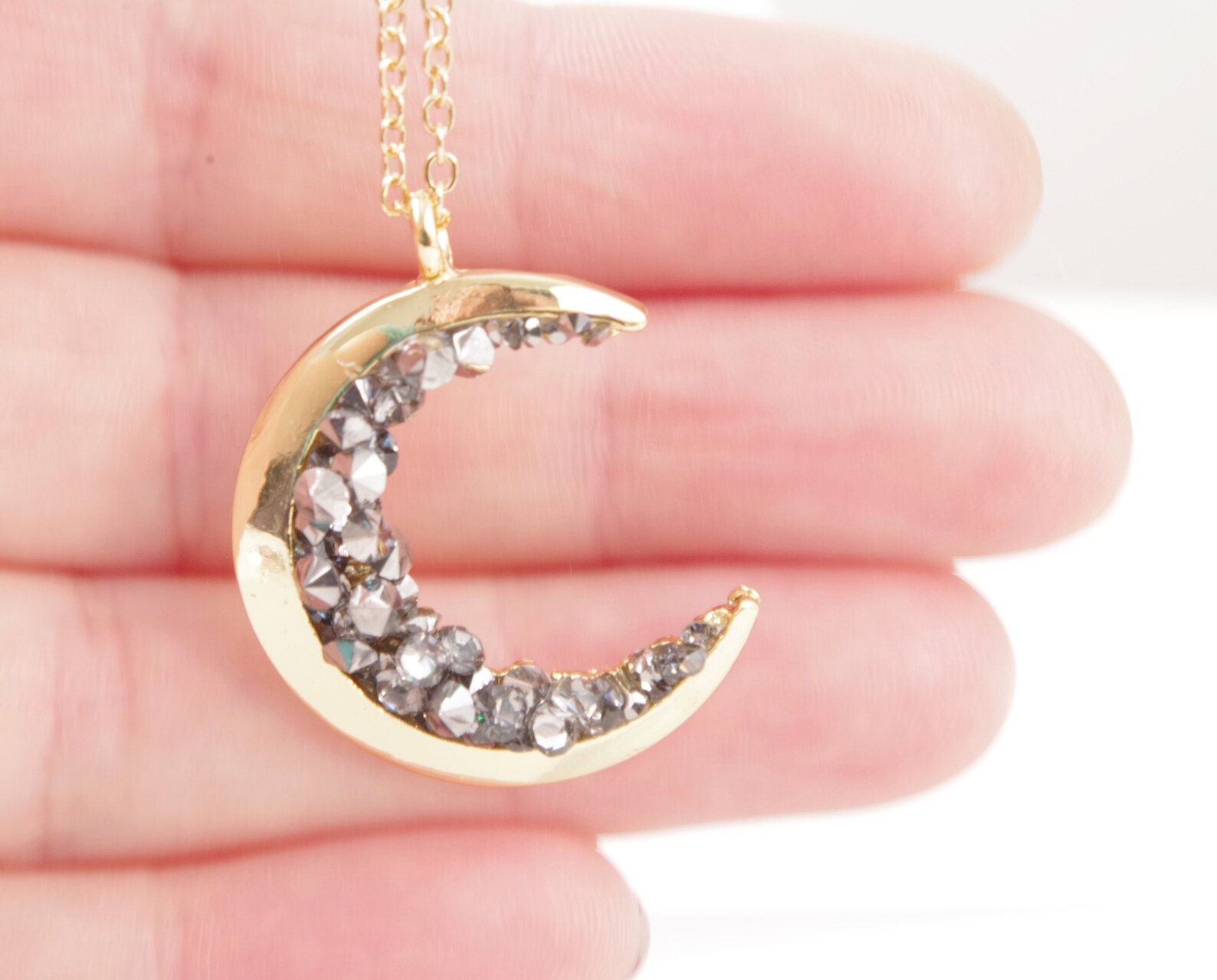 Gold Crescent Moon Necklace: Black Cubic Zirconia Celestial Jewelry - Etsy