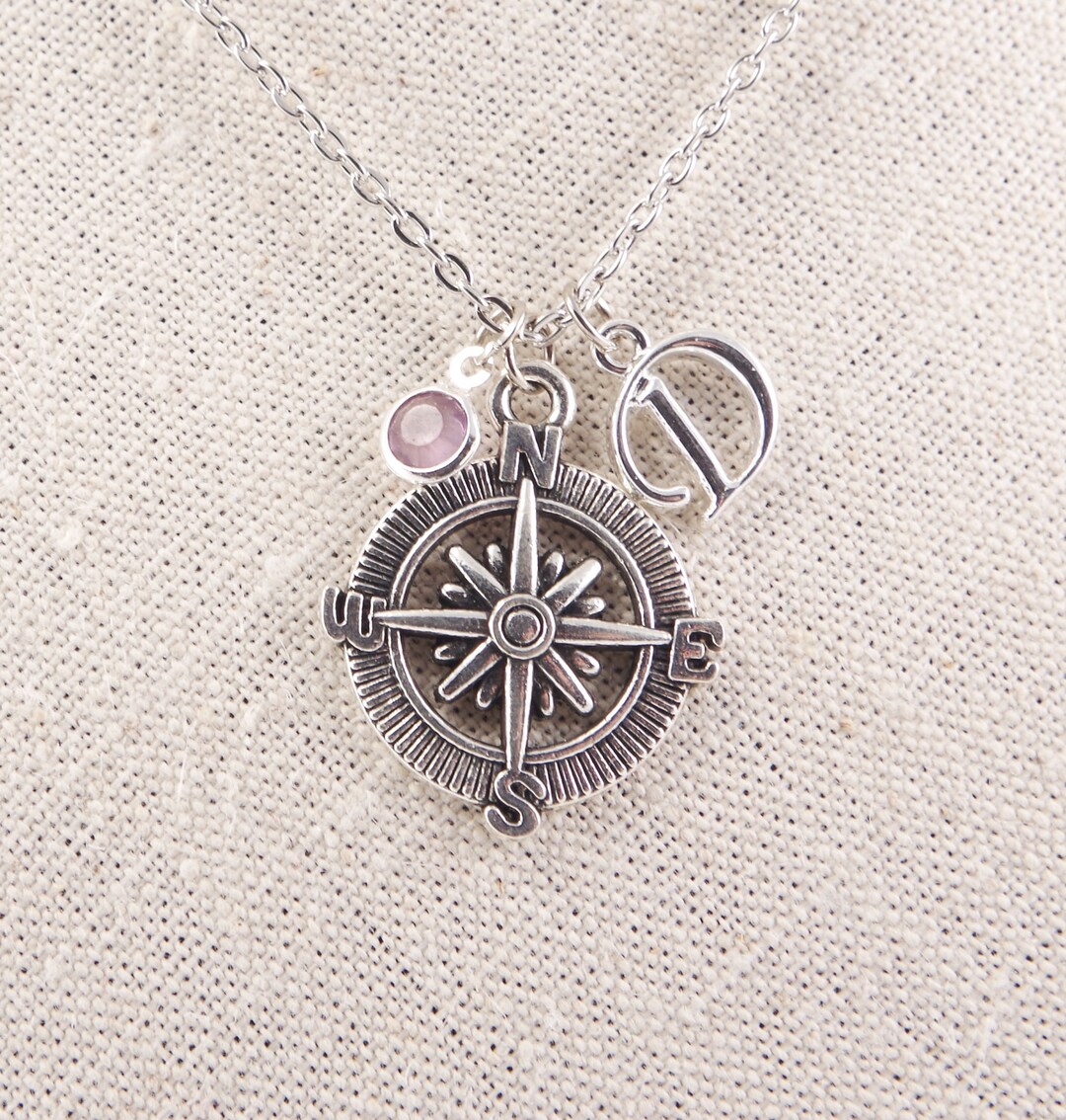 Silver Compass Necklace: Personalized Initial, Nautical Travel Jewelry ...