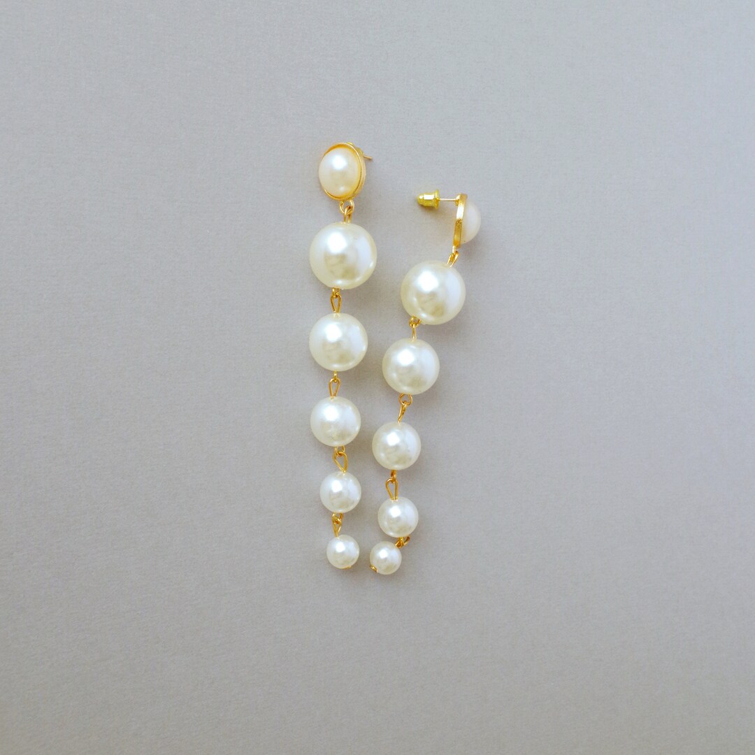 Long Pearl Drop Earrings: Gold Sterling Wire, Bridal Cascade - Etsy