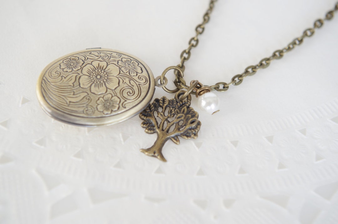 Bronze Family Tree Photo Locket Necklace: Floral Oval Pendant - Etsy