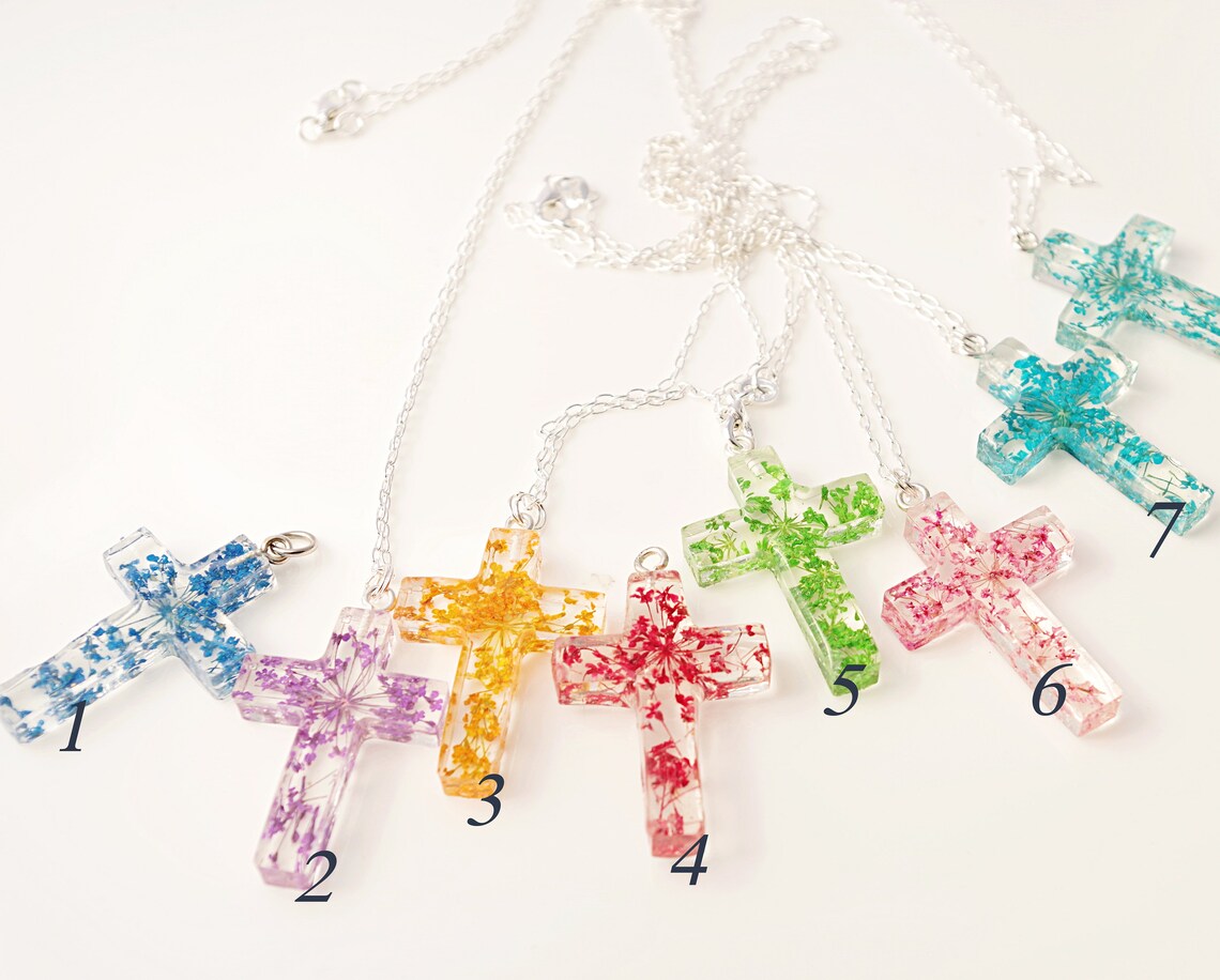 Pressed Flower Cross Necklace: Resin Religious Jewelry, Sterling Silver ...