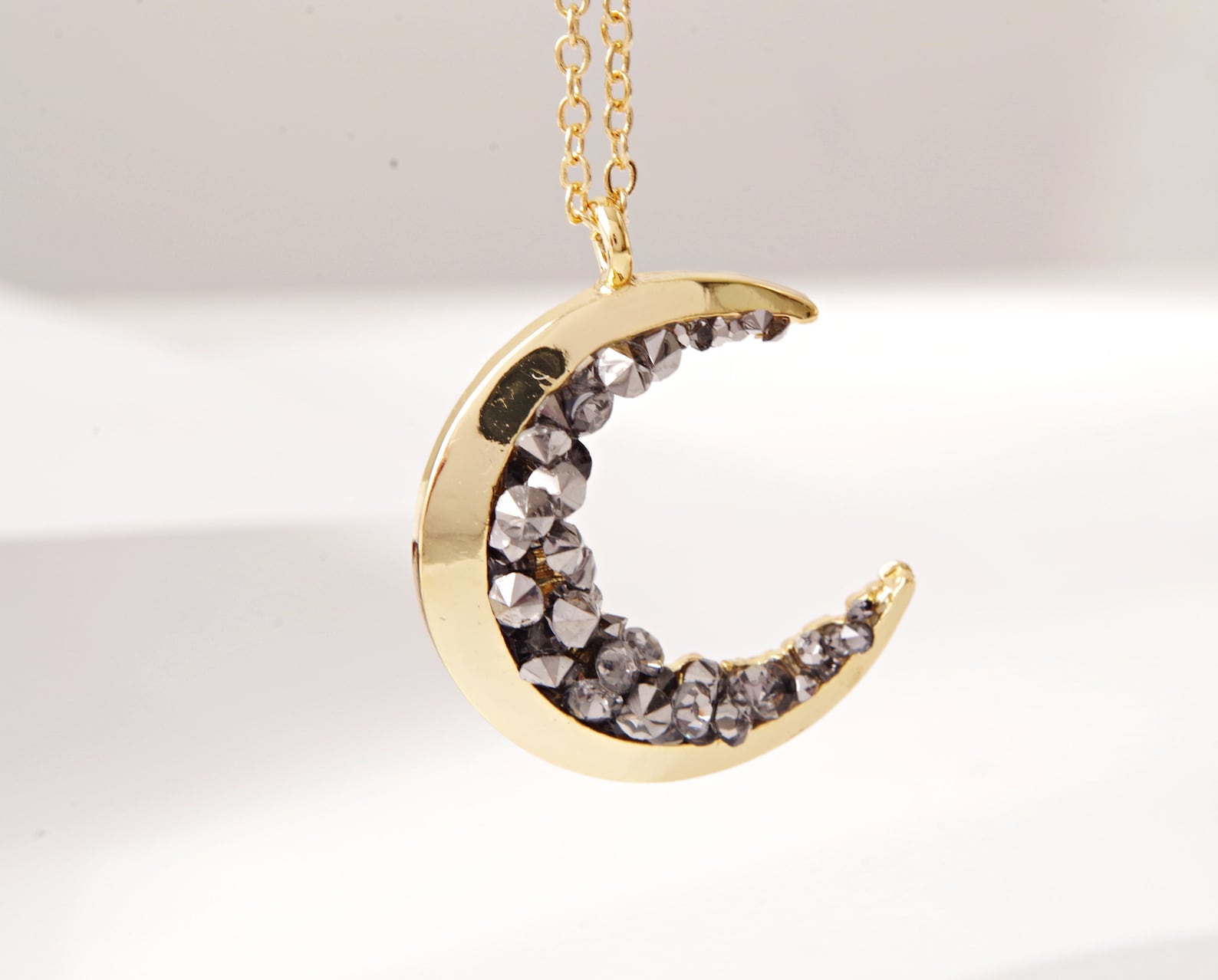 Gold Crescent Moon Necklace: Black Cubic Zirconia Celestial Jewelry - Etsy