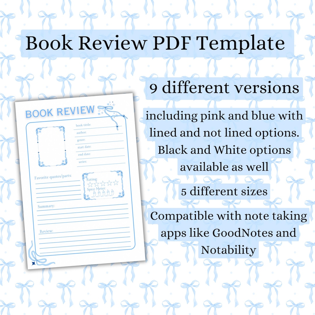 Book Review Printable Template Reading Tracker PDF Planner Insert ...