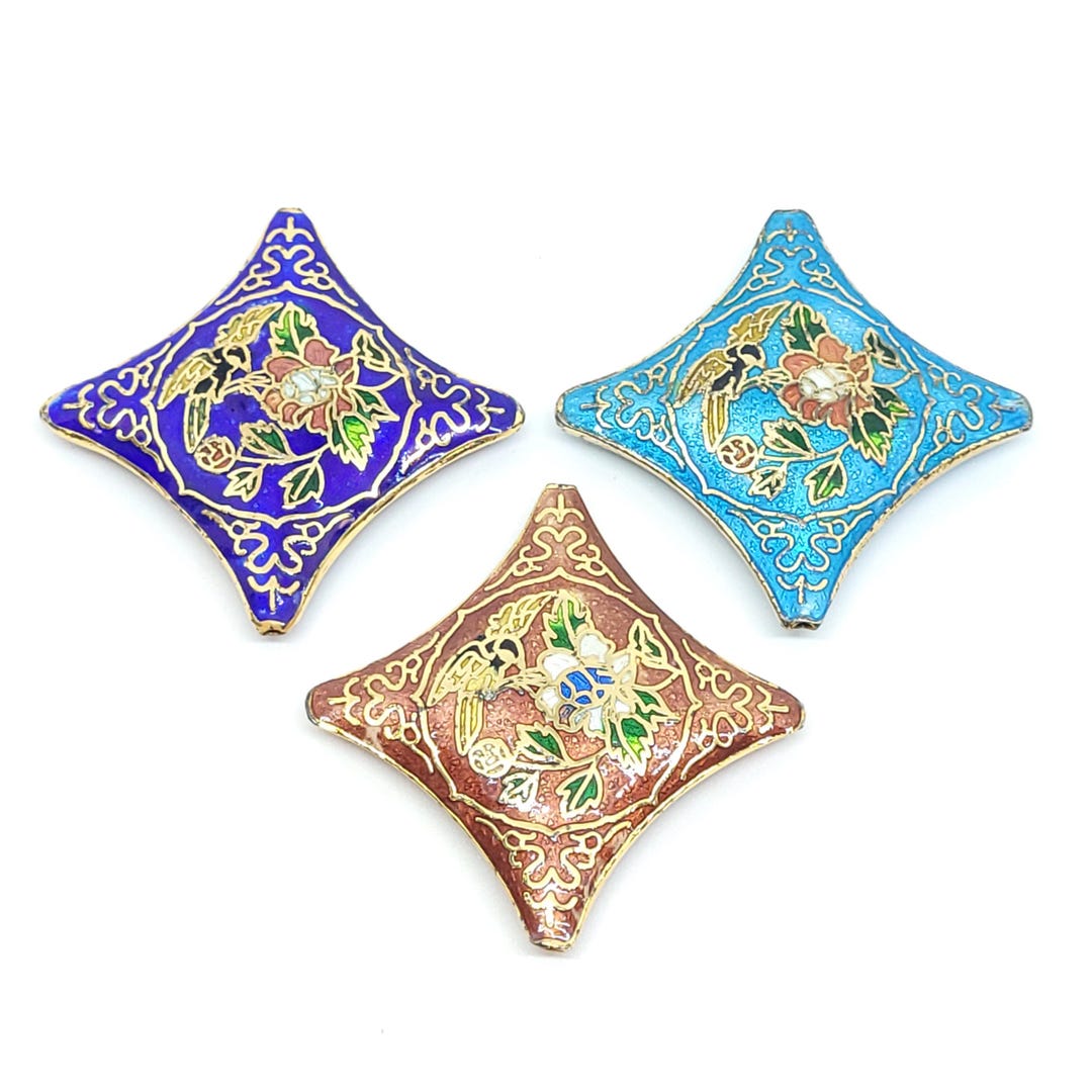 Cloisonne Puffed Diamond Focal Bead With Floral Accent, Cobalt, Aqua or ...