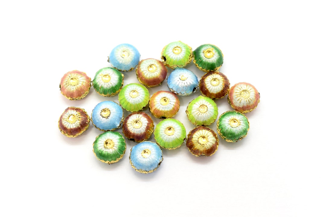 Enamel Floral Beads - Puffed Coin Beads - 10mm (20 Pcs) Cloisonne Beads ...