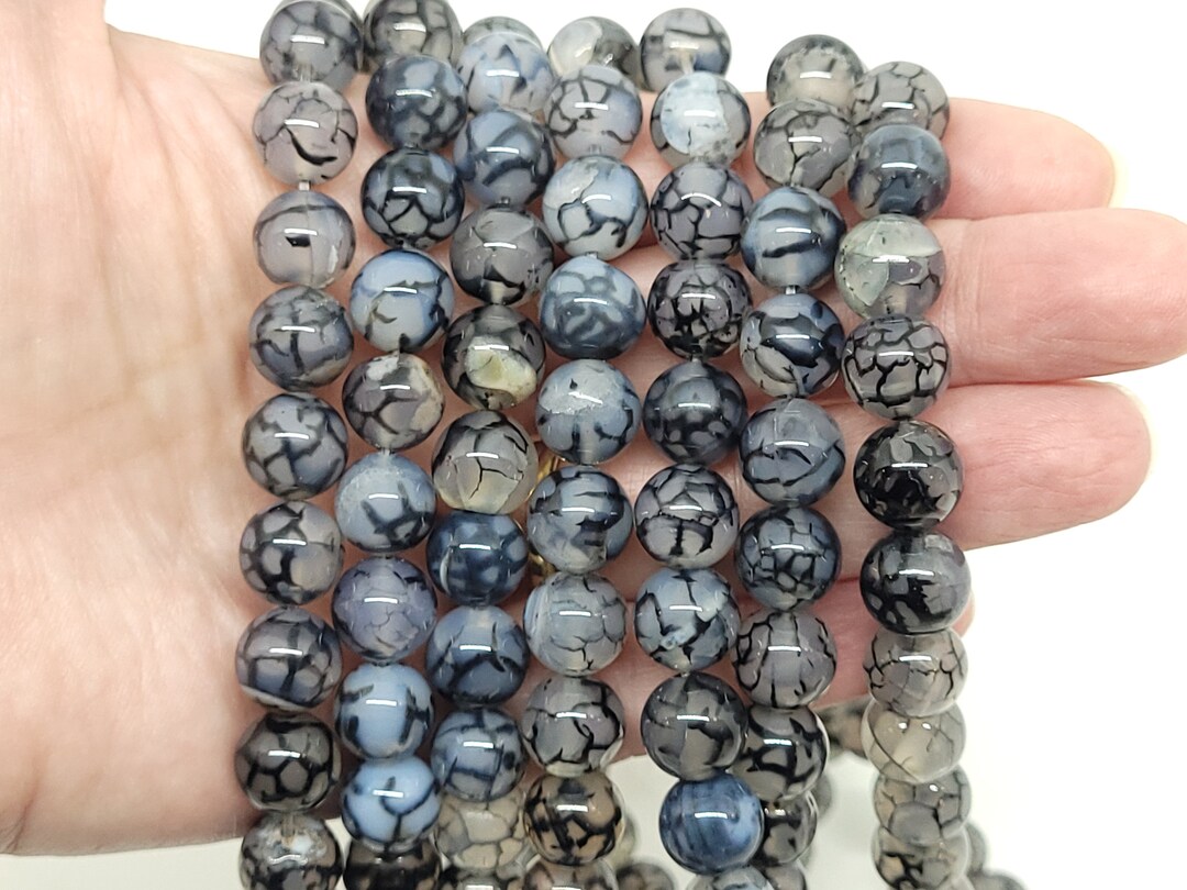 Black and White Crackle Fire Agate Round Gemstone Beads, 10mm Black ...