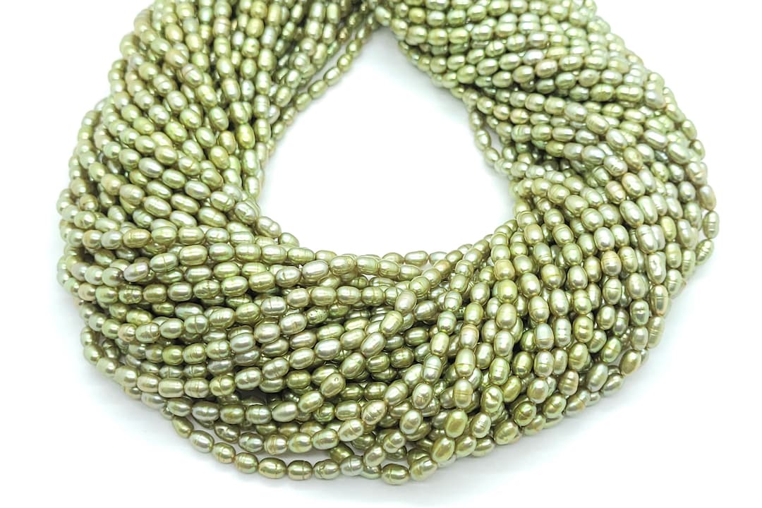Lime Green Peacock Freshwater Rice Pearls, 4mmx6mm, Green Iridescent ...